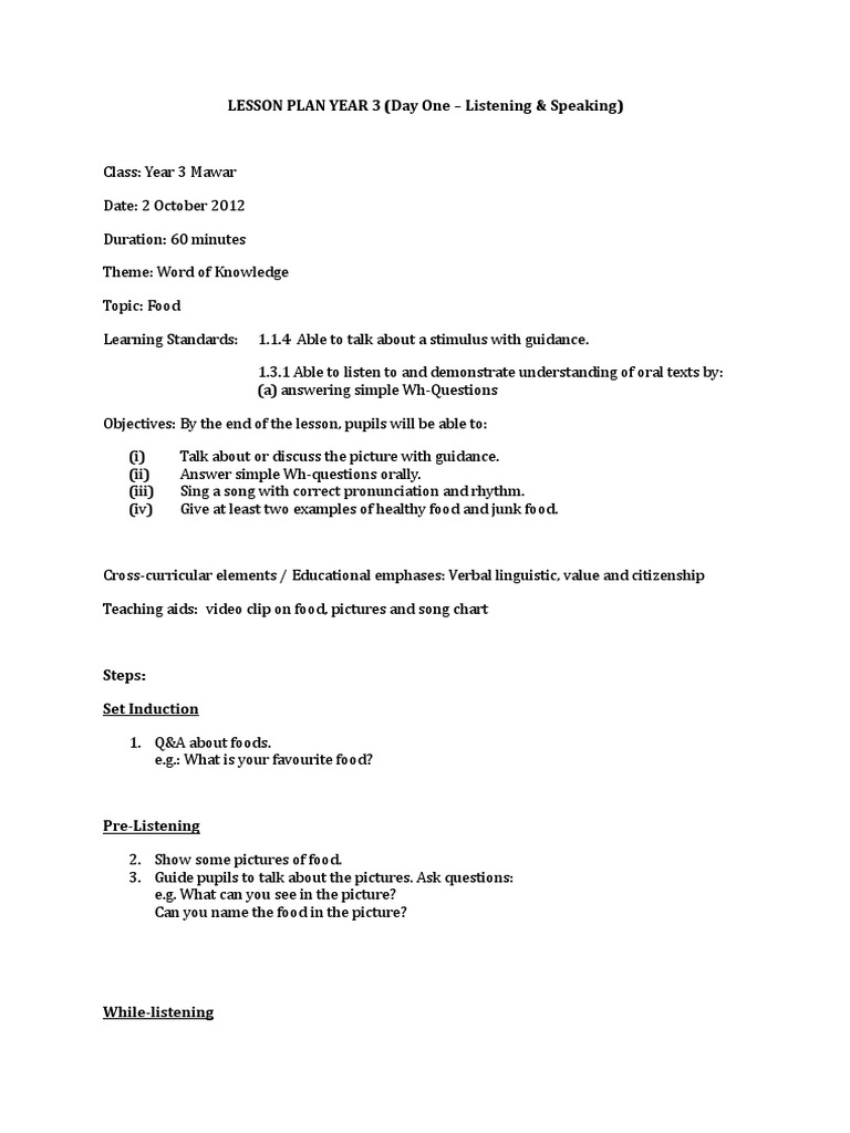 Lesson Plan Year 3 Day One Listening and | PDF
