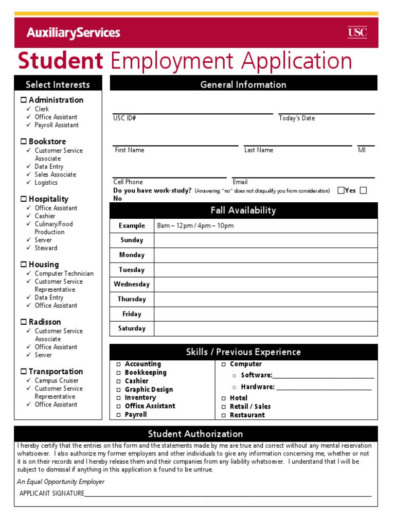 Student Employment Application: Select Interests General Information ...