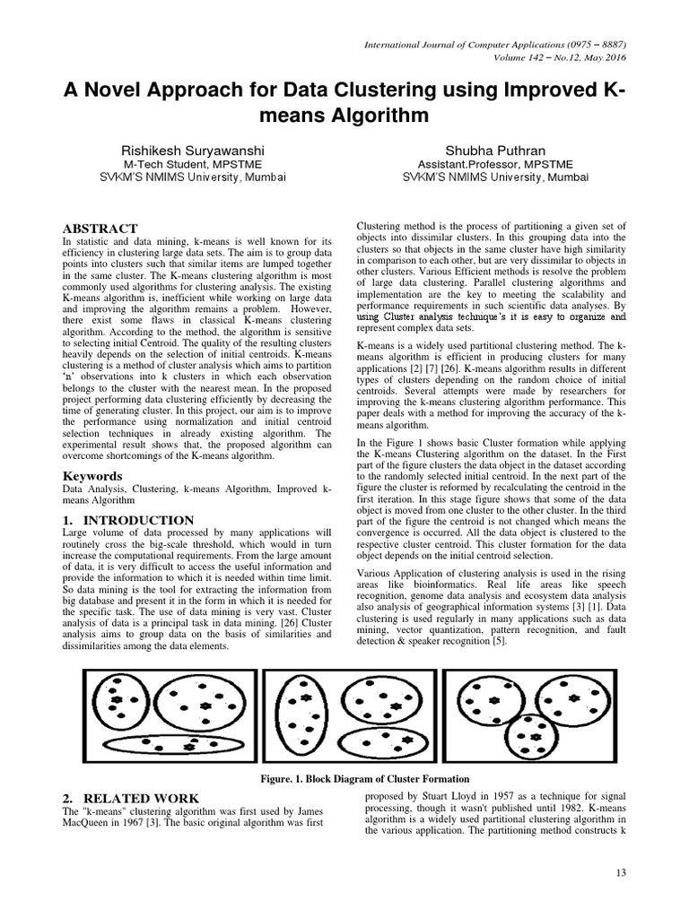 A Novel Approach For Data Clustering Using Improved K Means Algorithm Pdf Pdf Cluster