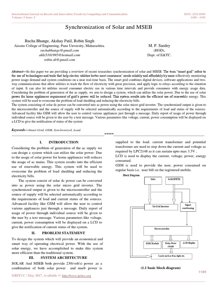Synchronization of Solar and MSEB | PDF | Electrical Grid | Smart Grid