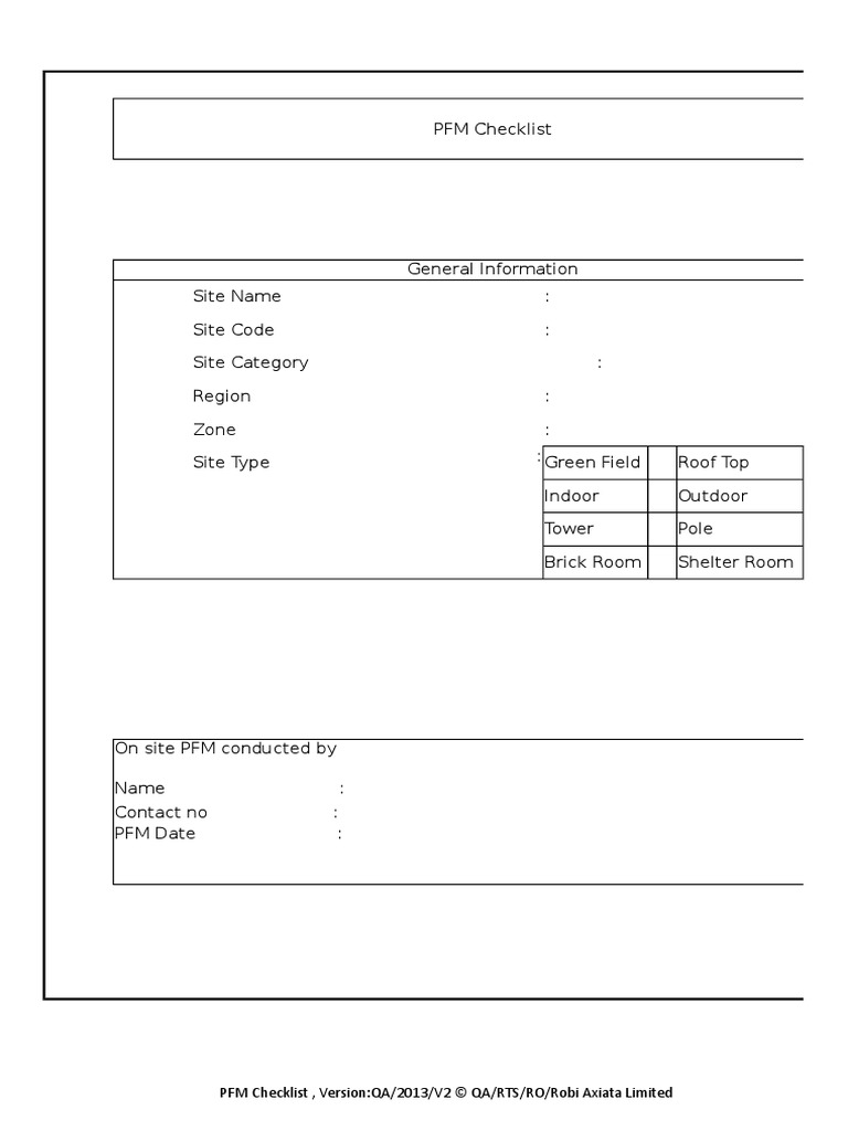 PFM Checklist, Version:QA/2013/V2 © QA/RTS/RO/Robi Axiata Limited | PDF