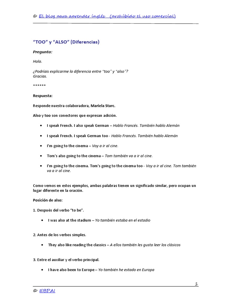 TOO y ALSO Diferencias PDF | PDF | Oración (Lingüística) | Lingüística