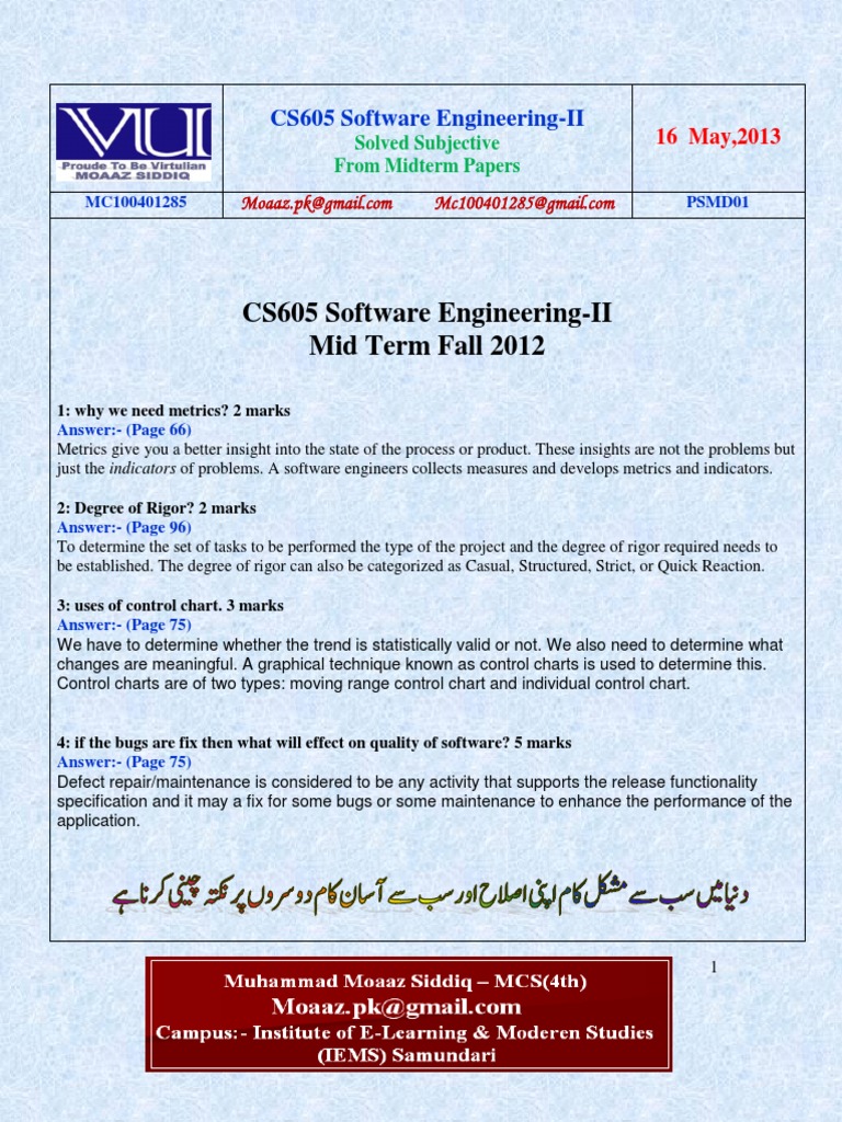 CS605 Midterm Solved Subjectives | PDF | Software Bug | Risk