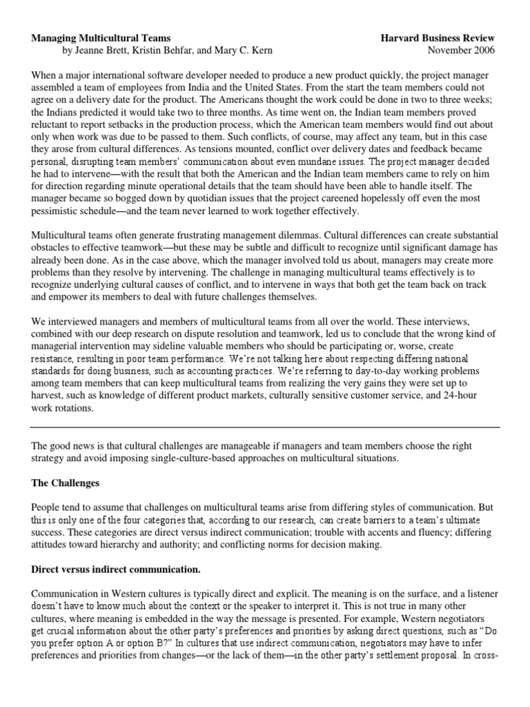 Managing Multicultural TeamsHarvard Business Review PDF | PDF | Cross ...