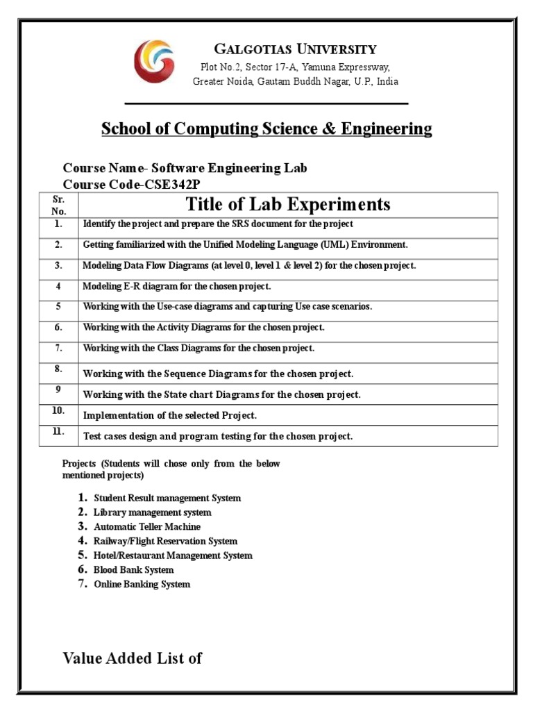 Software Engineering Lab - CSE342P Experiment List | PDF