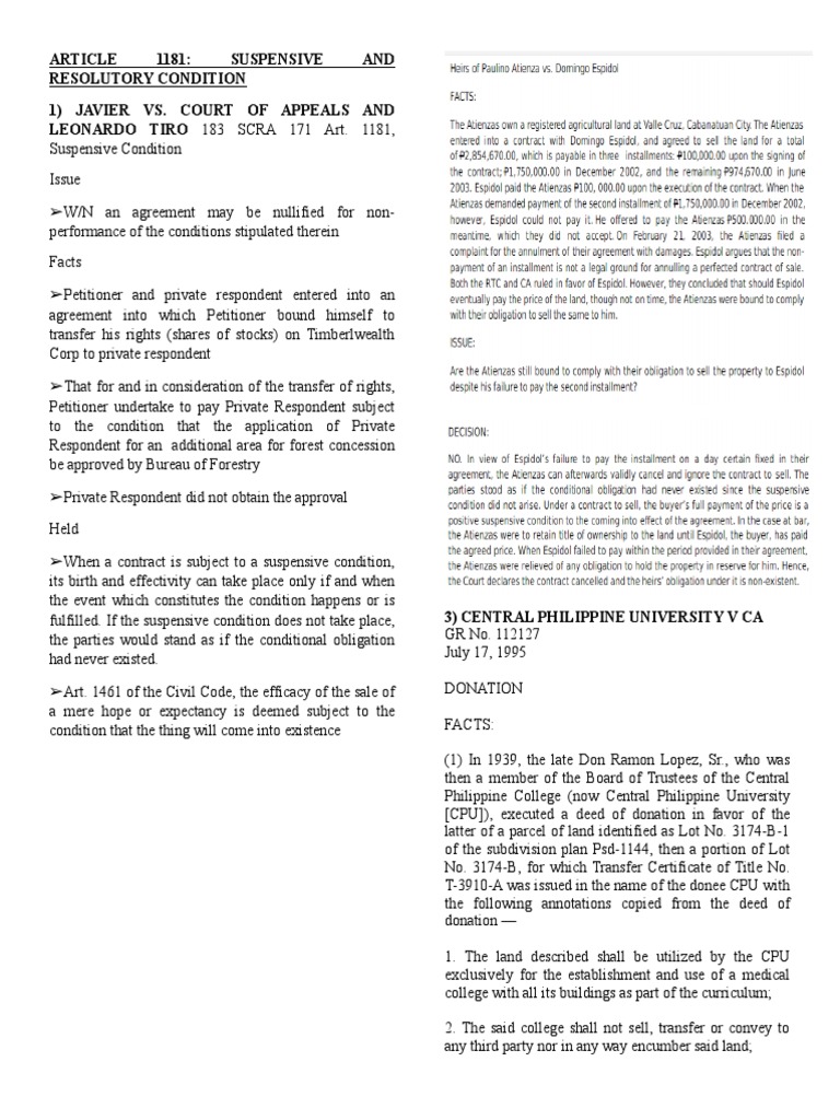 Article 1181 Obi Digest | PDF | Rescission | Deed