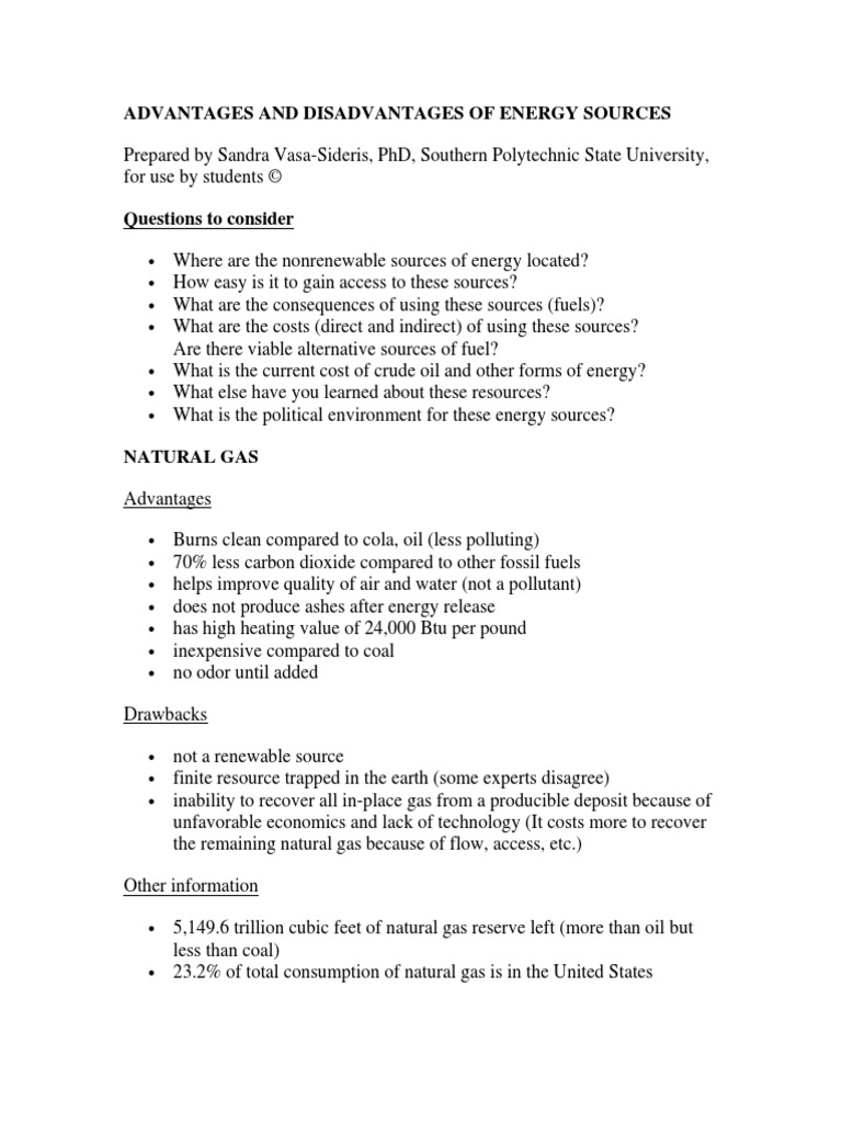 Advantages and Disadvantages of Energy Sources | PDF | Energy ...