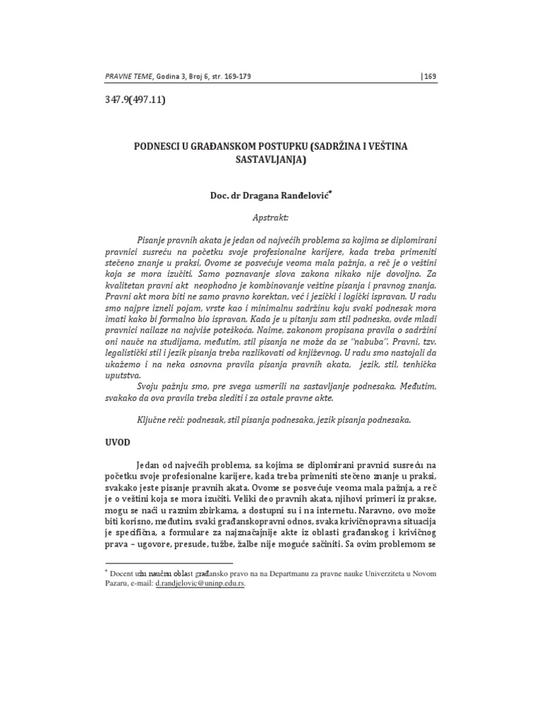 Podnesci U Građanskom Postupku Sadržina I Veština Sastavljanja | PDF