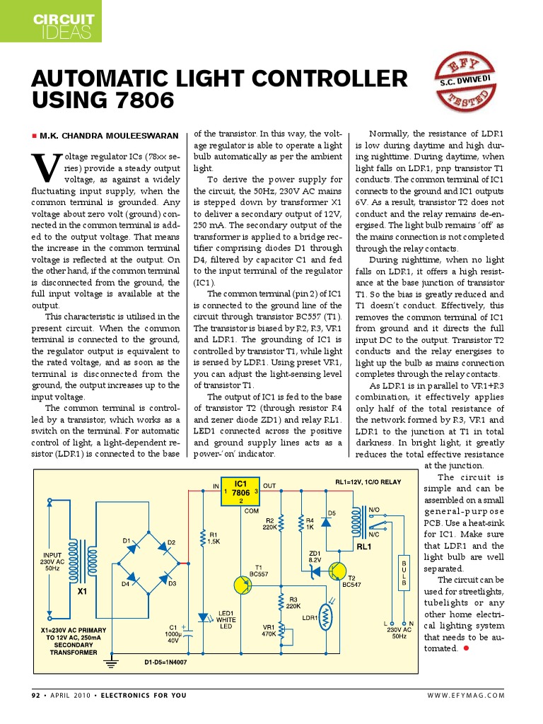 Automatic Light Controller Using 7806 PDF | PDF
