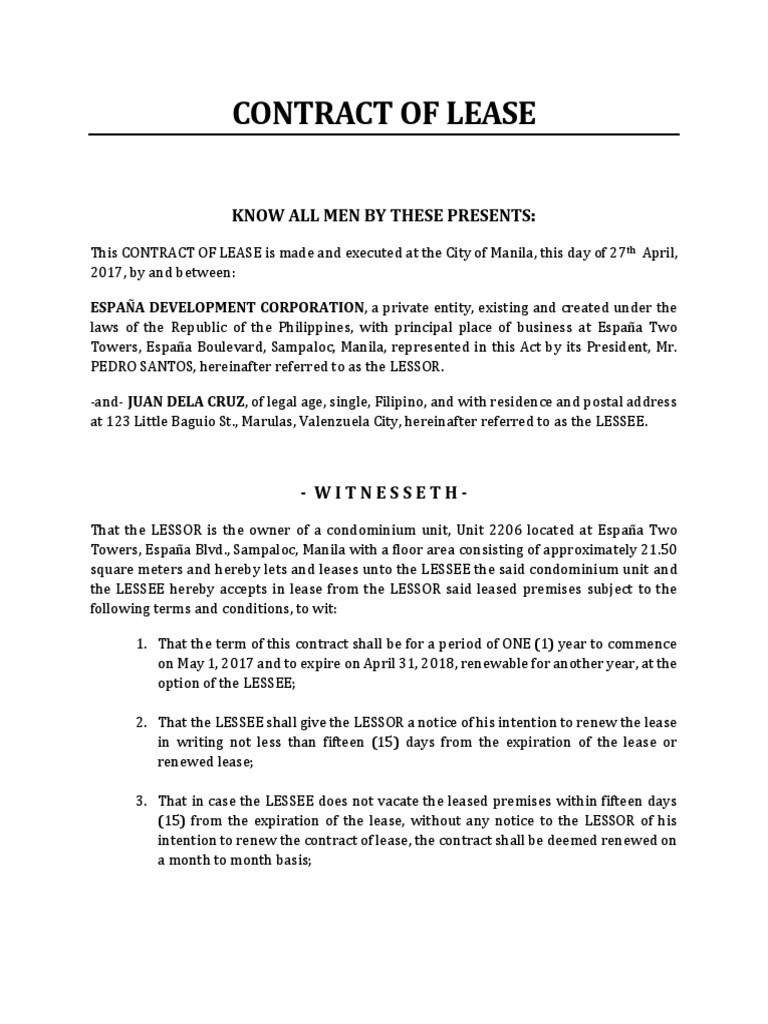 Contract of Lease - G1 LESSOR -.docx | Assignment (Law) | Lease