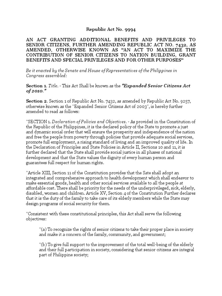 RA 9994 - The Expanded Senior Citizens Act PDF | PDF