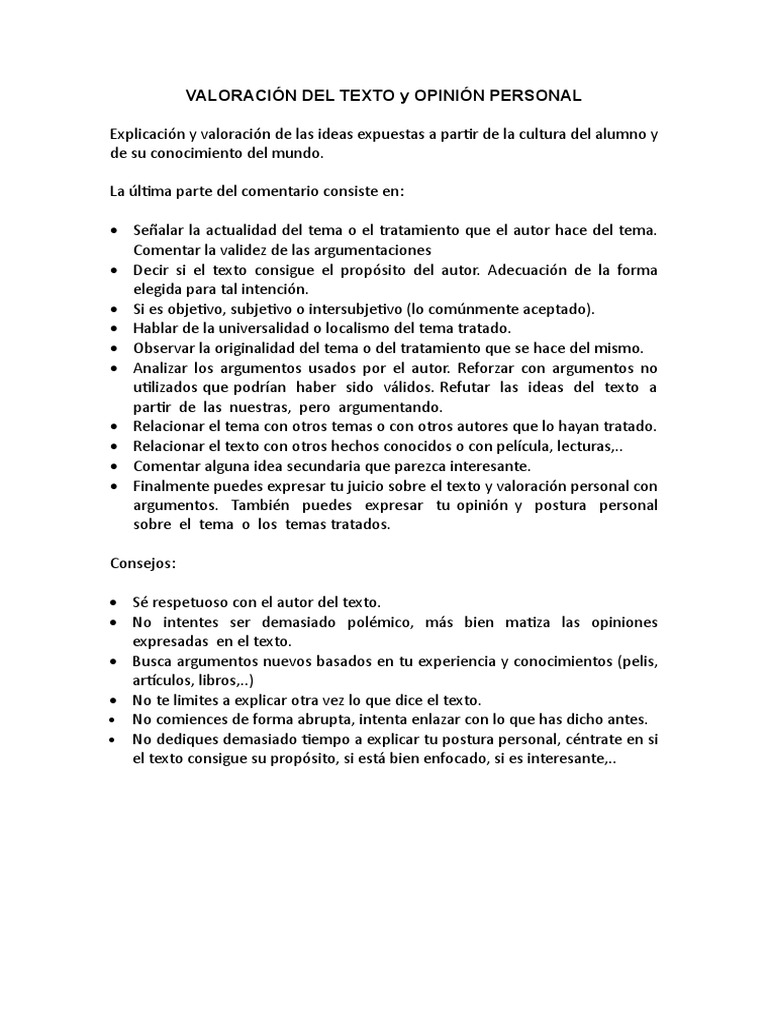 Valoración Del Texto y Opinión Personal | PDF