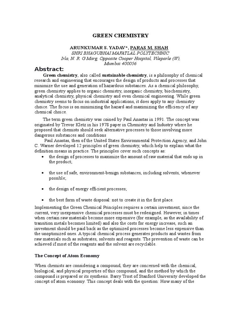 Abstract (Green Chemistry) | PDF | Green Chemistry | Chemistry
