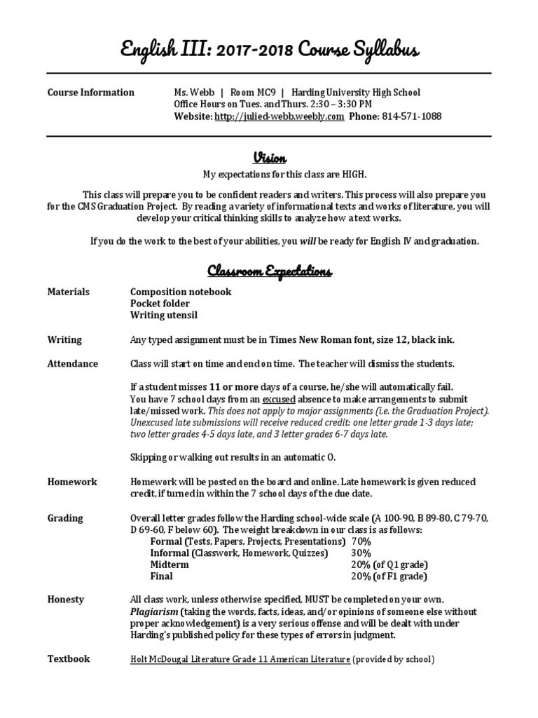 English III Syllabus 17-18 | PDF | Homework | Cognition