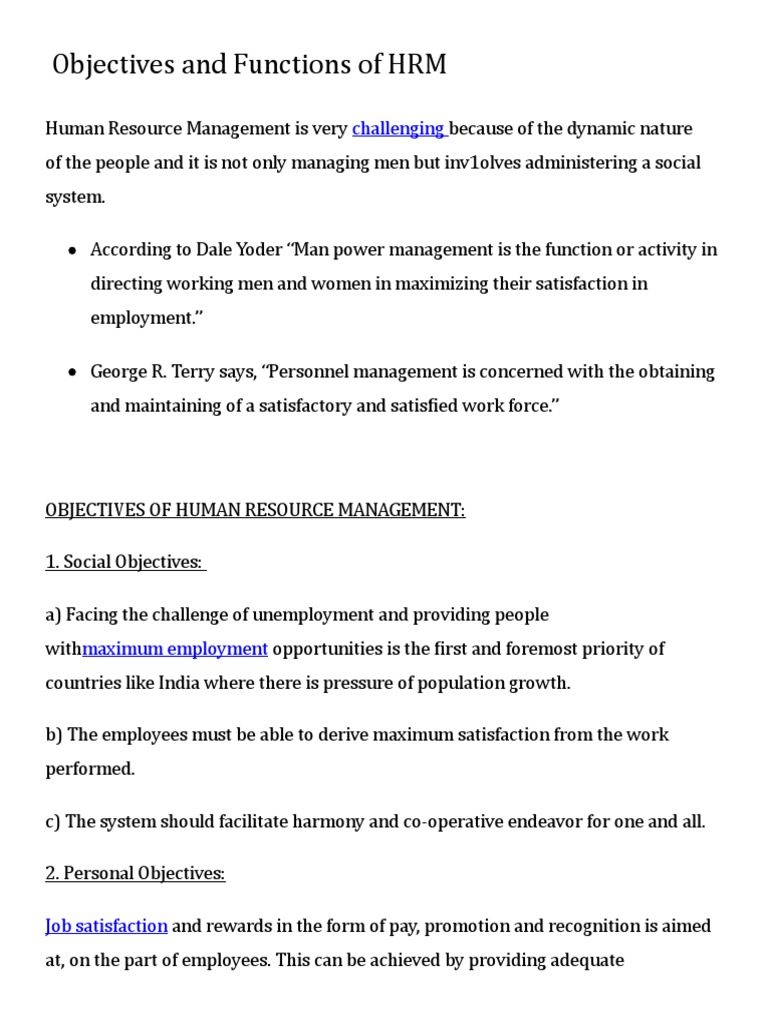 Key Objectives and Functions of HRM | PDF | Human Resource Management ...