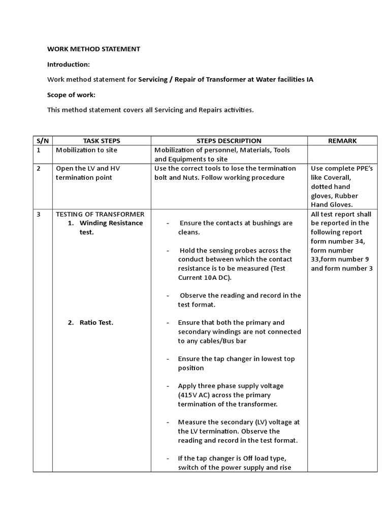 HV Work Method Statement-2 | PDF | Transformer | Voltage