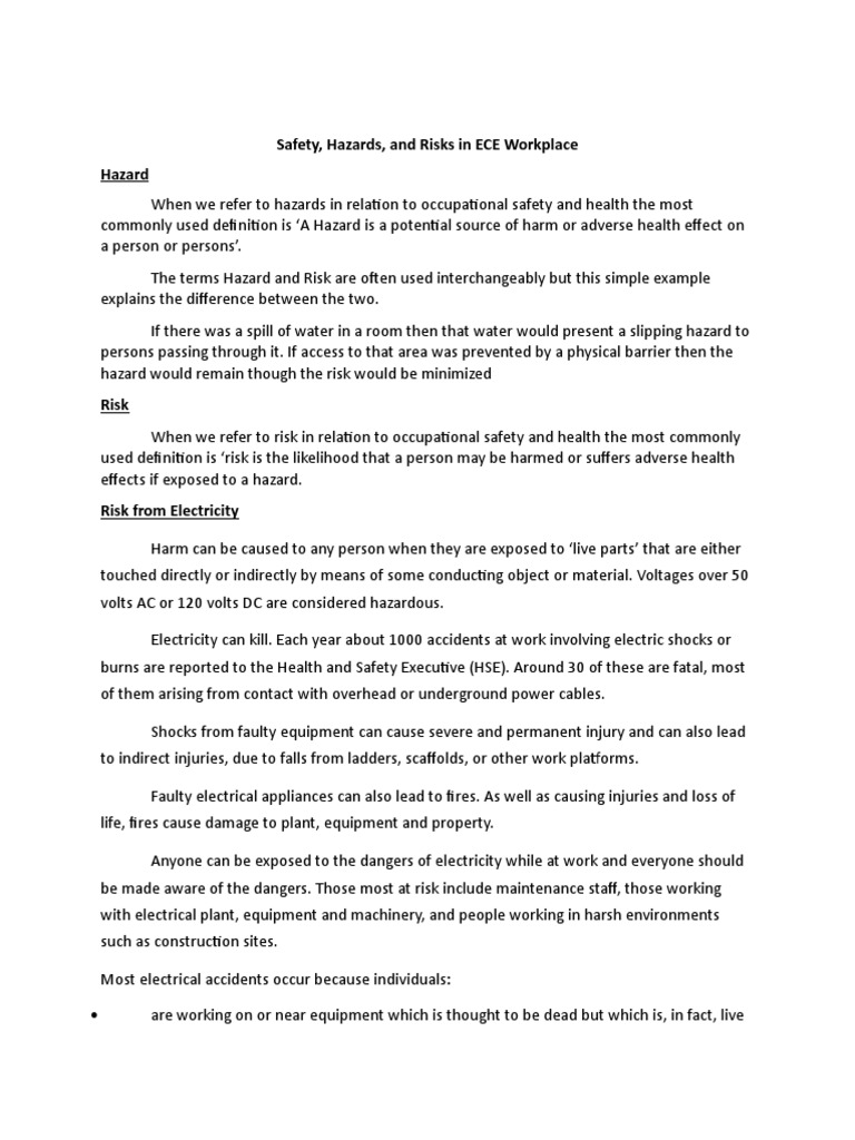 Safety, Hazards, Risks in ECE Workplace | PDF | Electrical Connector ...