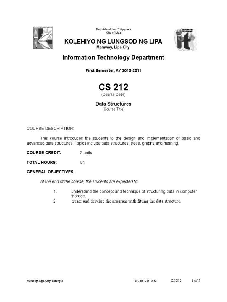 Syllabus CS212 Data Structure | PDF | Data Structure | Algorithms