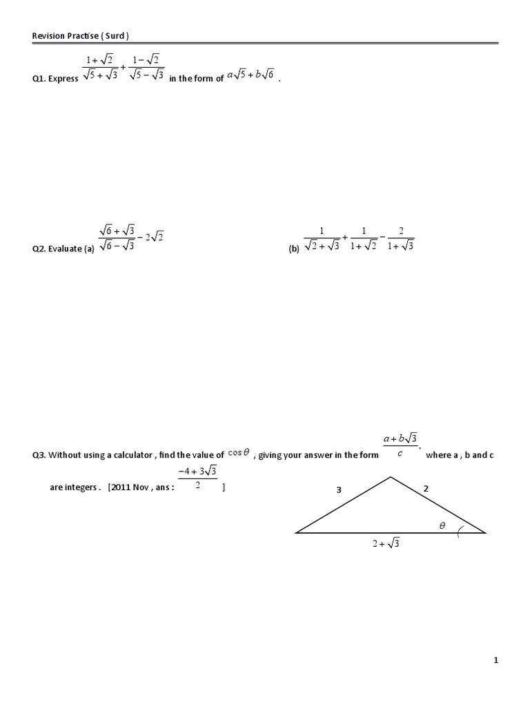 Revision Practise Surd | PDF | Triangle | Space