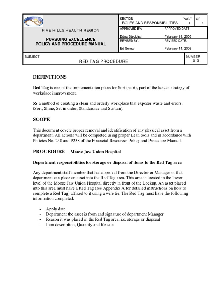 FHHR 013 Red Tag Procedure PDF | PDF | Business | Wellness