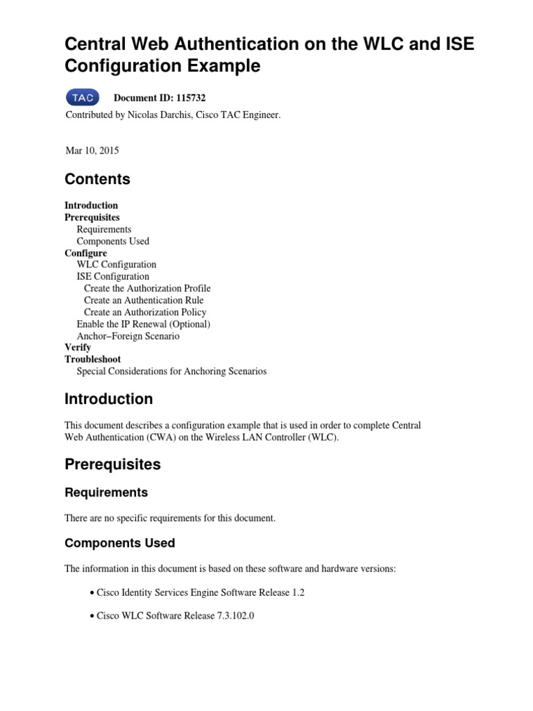 Central Web Authentication On The Wlc And Ise Configuration Example Pdf Radius Authentication