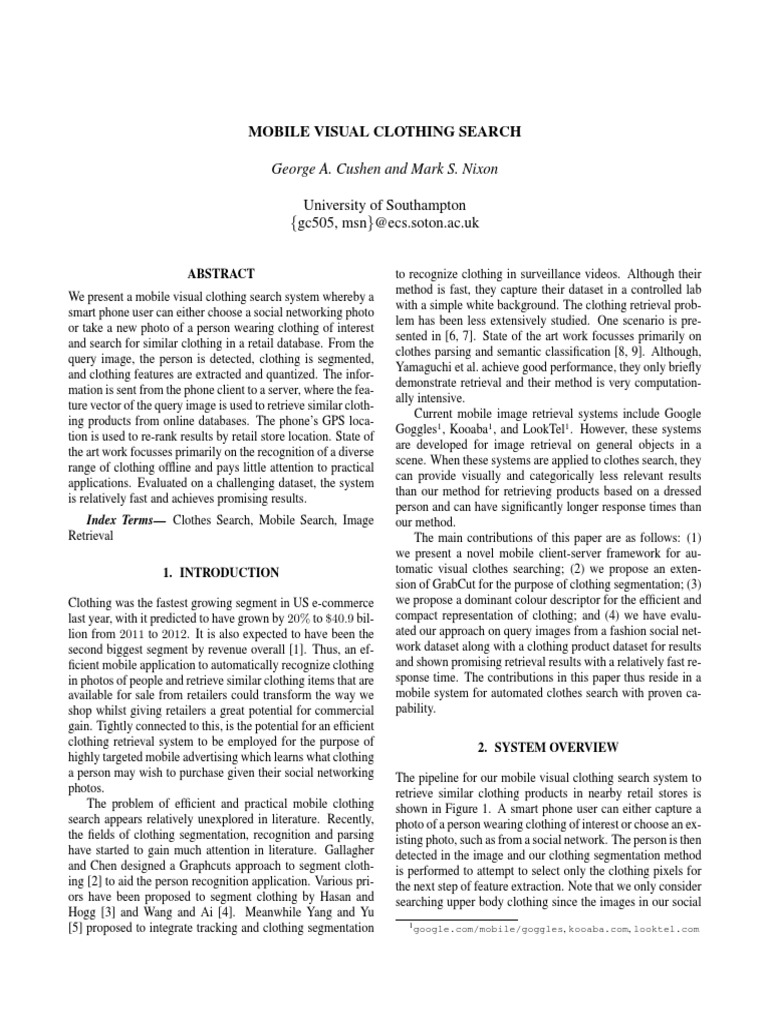 Mobile Visual Clothing Search George A. Cushen and Mark S. Nixon University of Southampton ...
