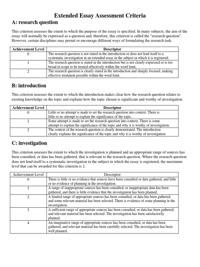 Extended Essay Assessment Criteria: A: Research Question | PDF | Essays ...