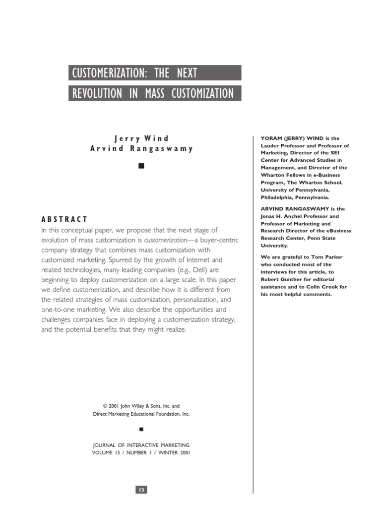 Customerization: The Next Revolution in Mass Customization: Jerrywind ...