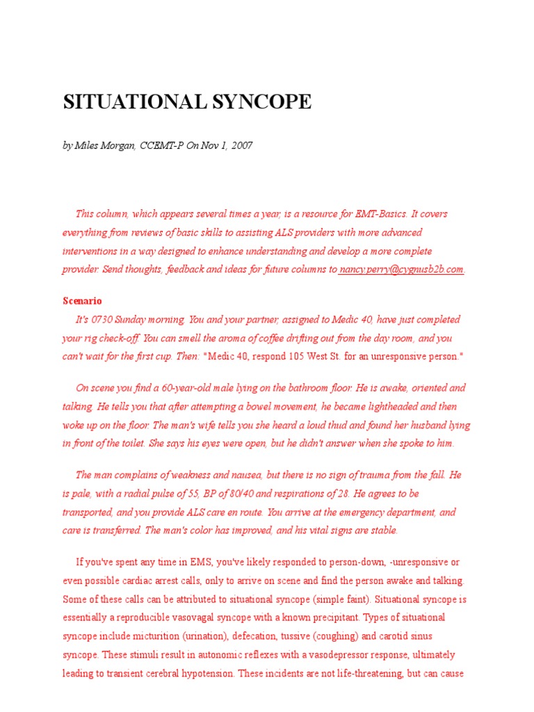Situational Syncope: by Miles Morgan, CCEMT-P On Nov 1, 2007 | PDF ...