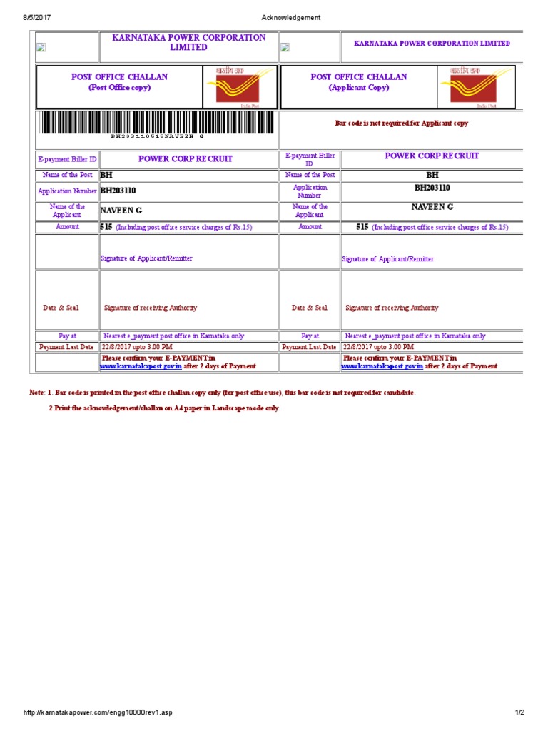 Karnataka Power Corporation Limited: Post Office Challan (Post Office ...