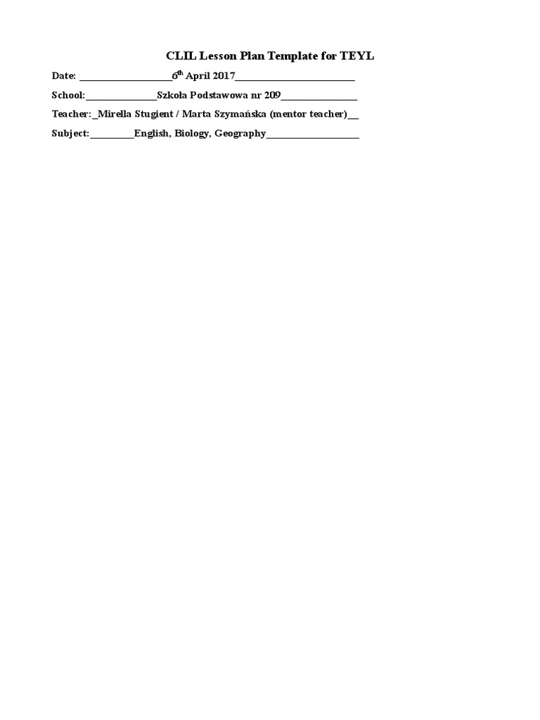 CLIL Lesson Plan Template For TEYL | PDF | Continent | Vocabulary