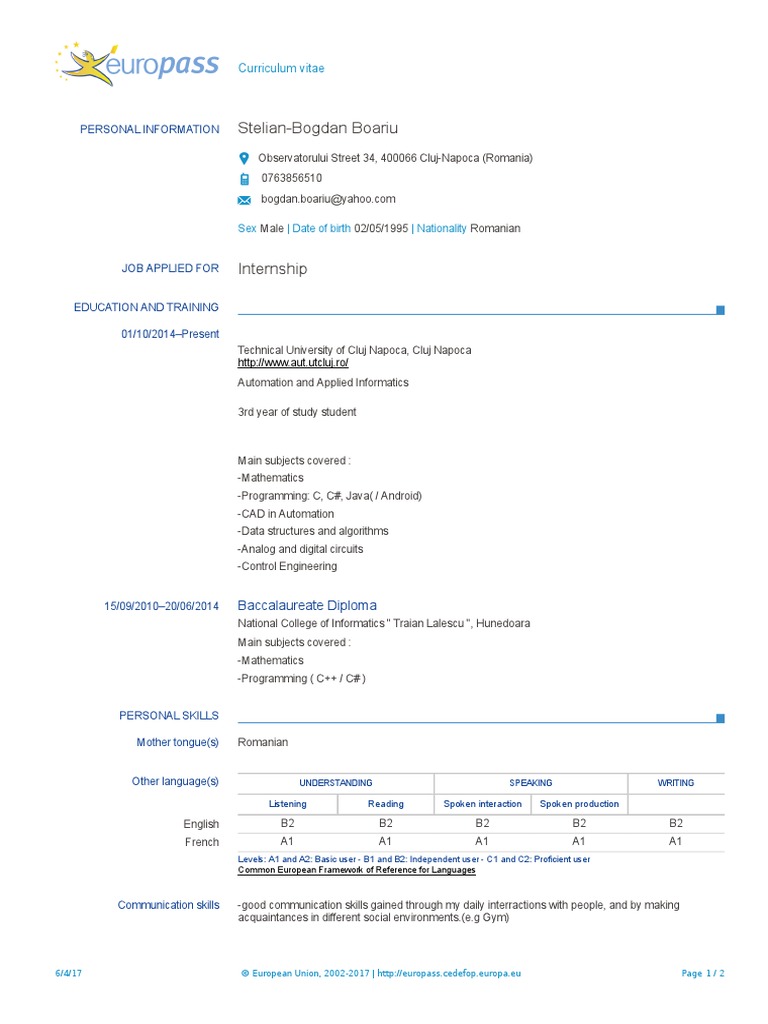 Boariu Bogdan CV PDF | PDF | Cognition | Communication