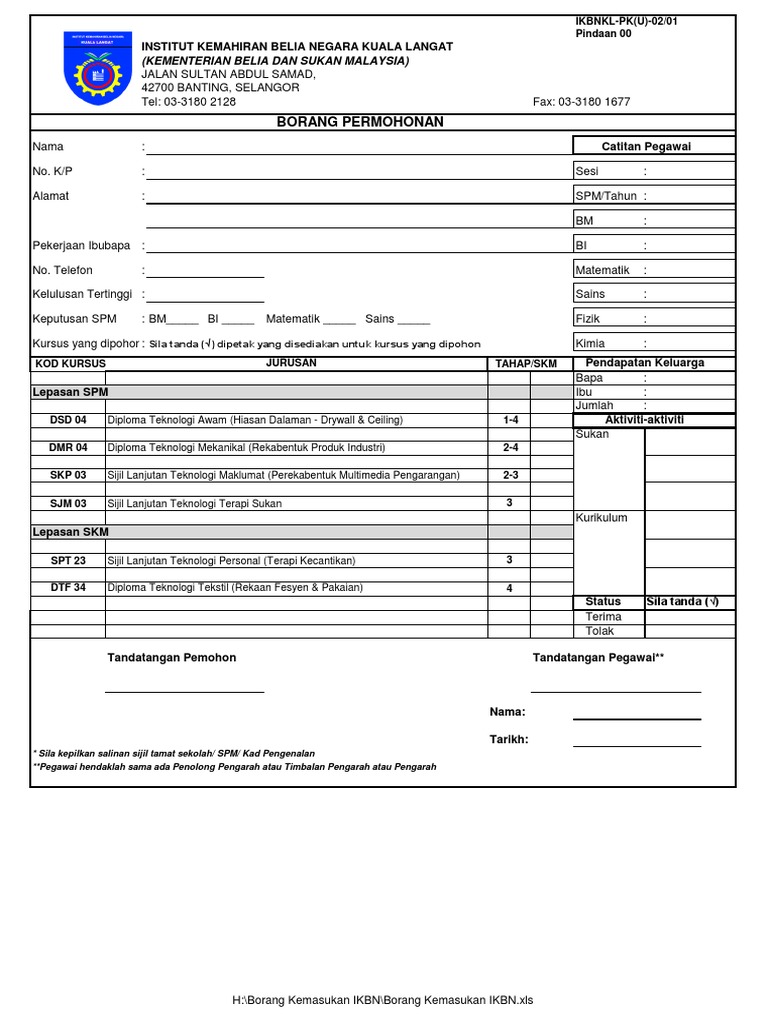 2013-Borang Kemasukan Ikbn | PDF