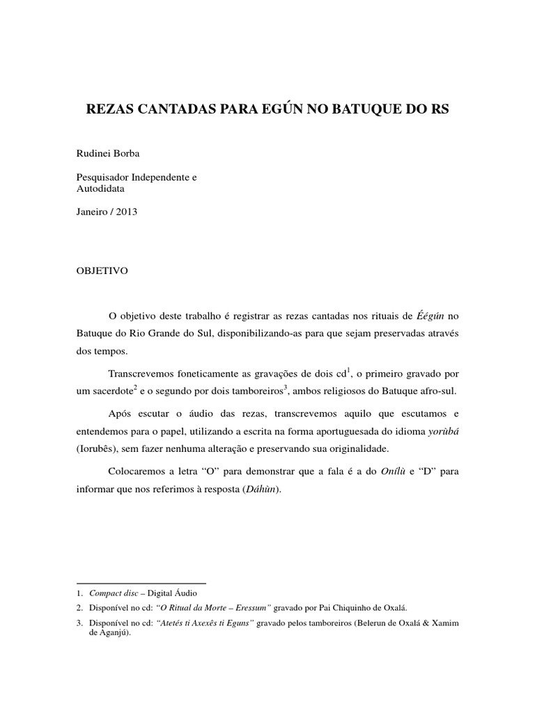 Rezas Cantadas para Egun No Batuque Do Rs 1 PDF | PDF | Disco compacto | Religión y creencia