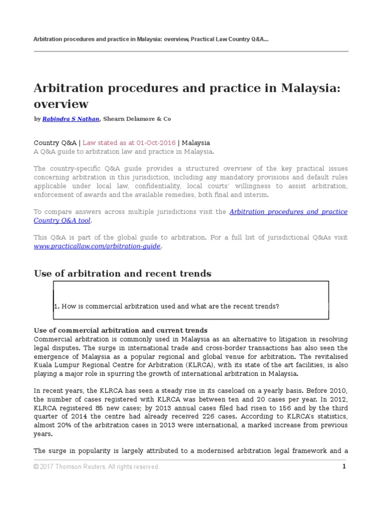 Arbitration Procedures and Practice in Malaysia Overview | PDF ...