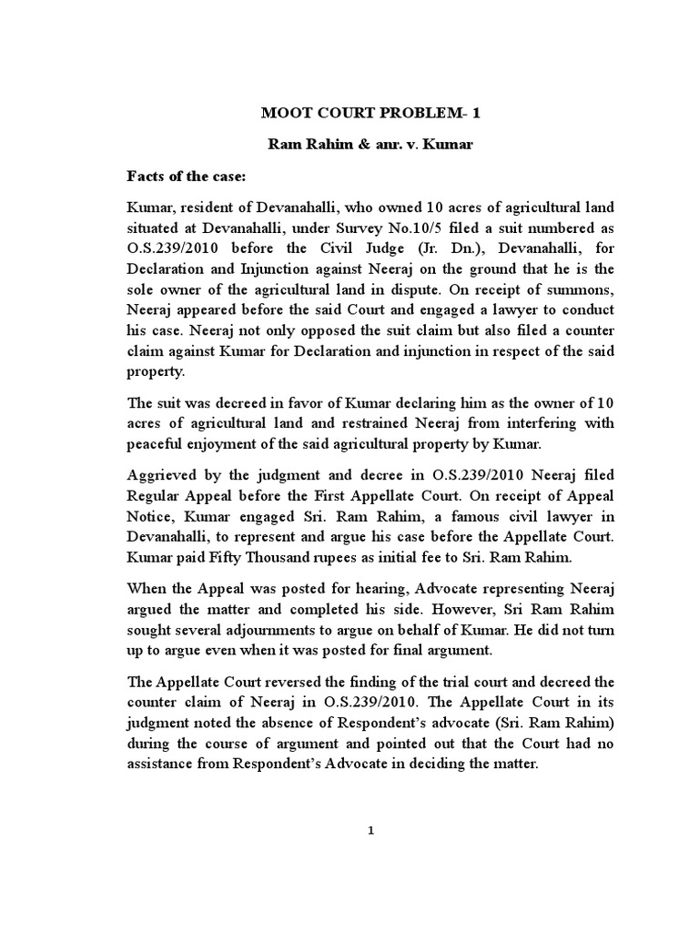 Moot Court Problem-1 Ram Rahim & Anr. V Kumar Facts of The Case | PDF | Advocate | Lawsuit