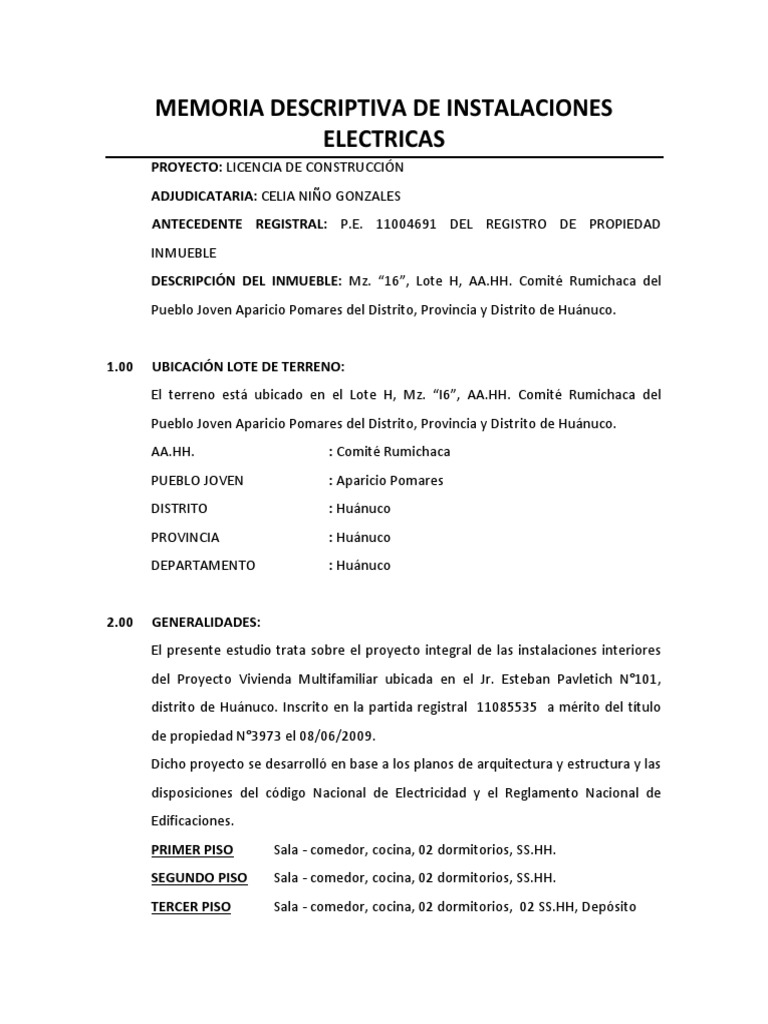 Memoria Descriptiva Electricas | Corriente eléctrica | Encendiendo