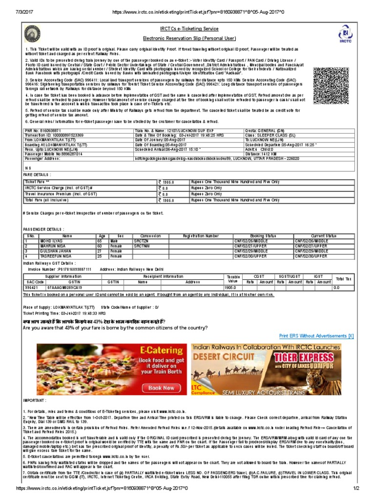Irctc - Co.in Eticketing PrintTicket | PDF | Identity Document | Ticket ...