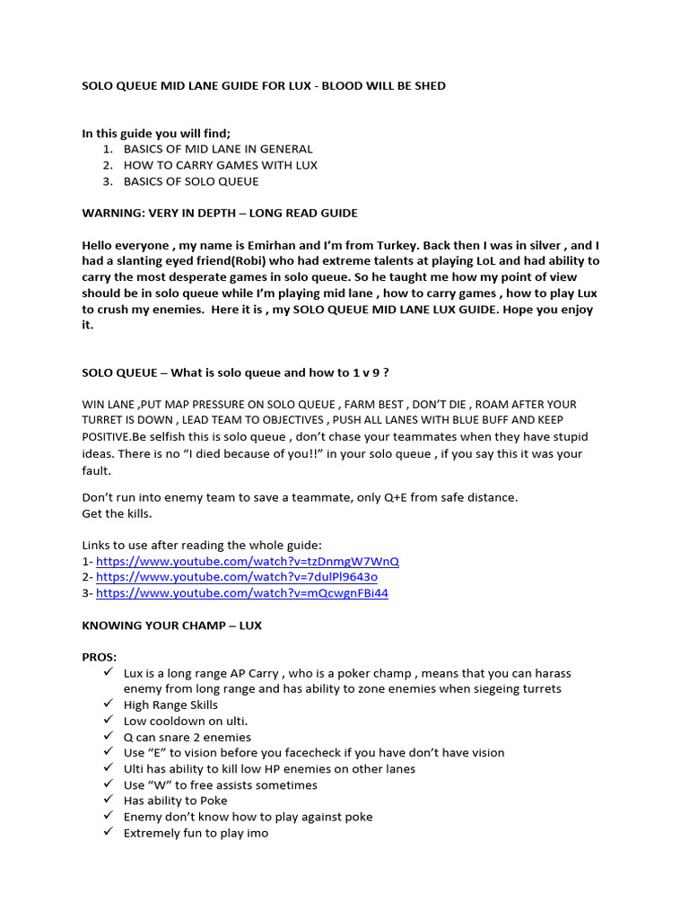 Mid Lane Guide For Solo Queue - Lux | PDF | Leisure | Sports