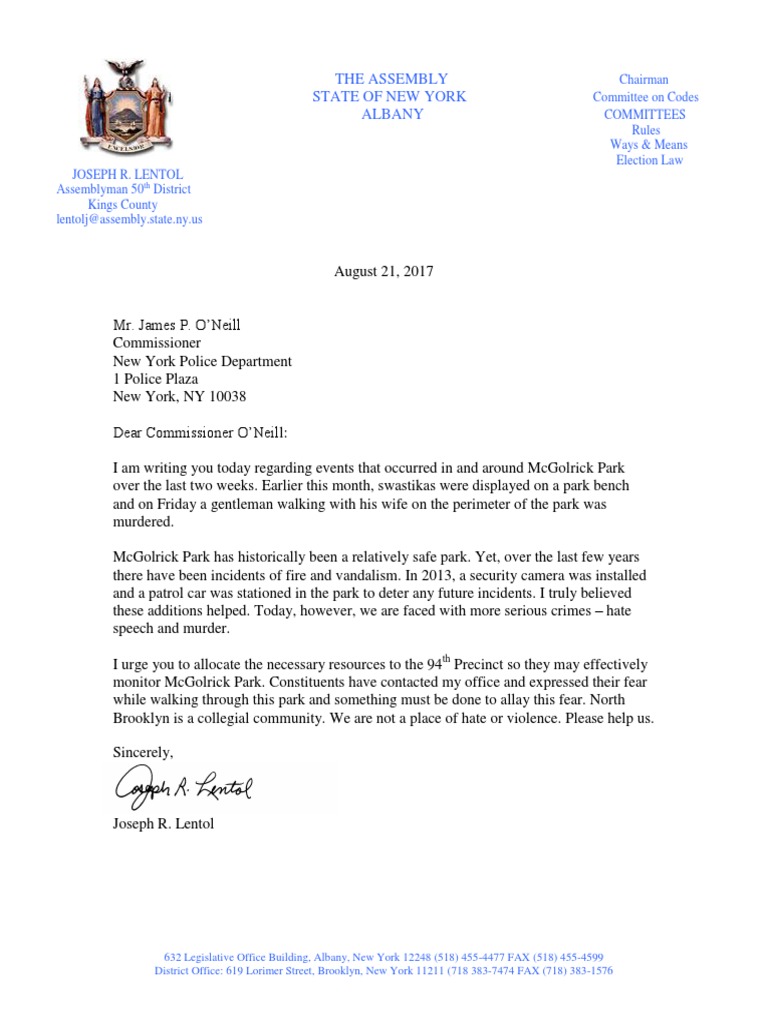 Letter To NYPD Commissioner ONeill Requesting Increased Resources Aimed ...