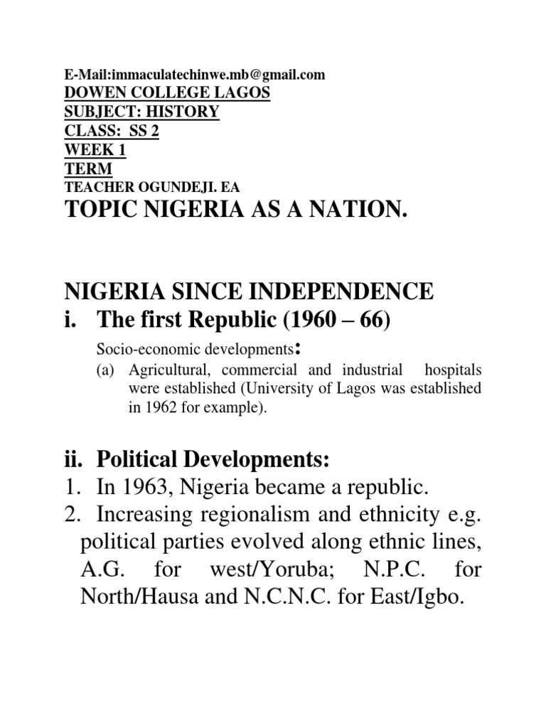 Topic Nigeria As A Nation.: Dowen College Lagos Subject: History Class ...