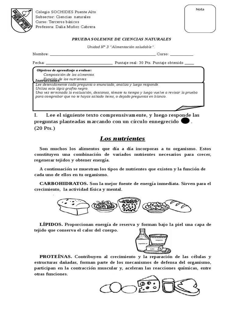 Prueba Alimentos | Nutrientes | Alimentos