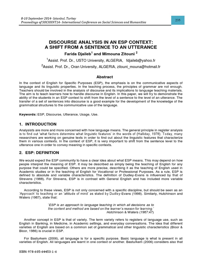Discourse Analysis in An Esp Context: A Shift From A Sentence To An ...
