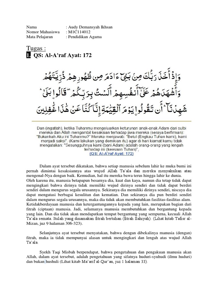 Tugas 02 - Surah Al Araf 172, Alasan Islam Di Ridohi Allah | PDF