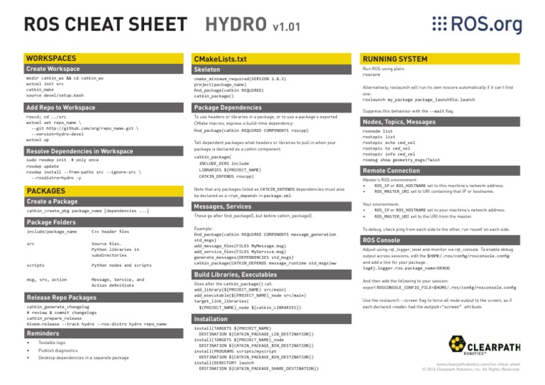 Ros Cheat Sheet: Hydro | PDF