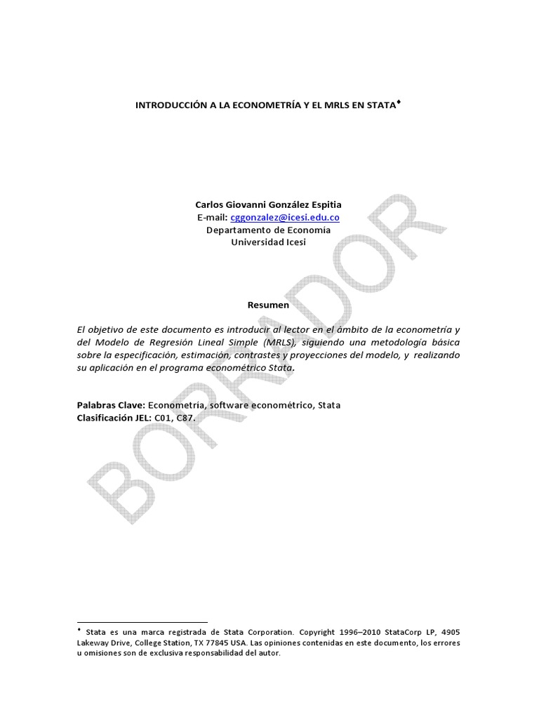 3 Introduccion A La Econometria Con Stata PDF | PDF | Econometría | Mínimos cuadrados ordinarios
