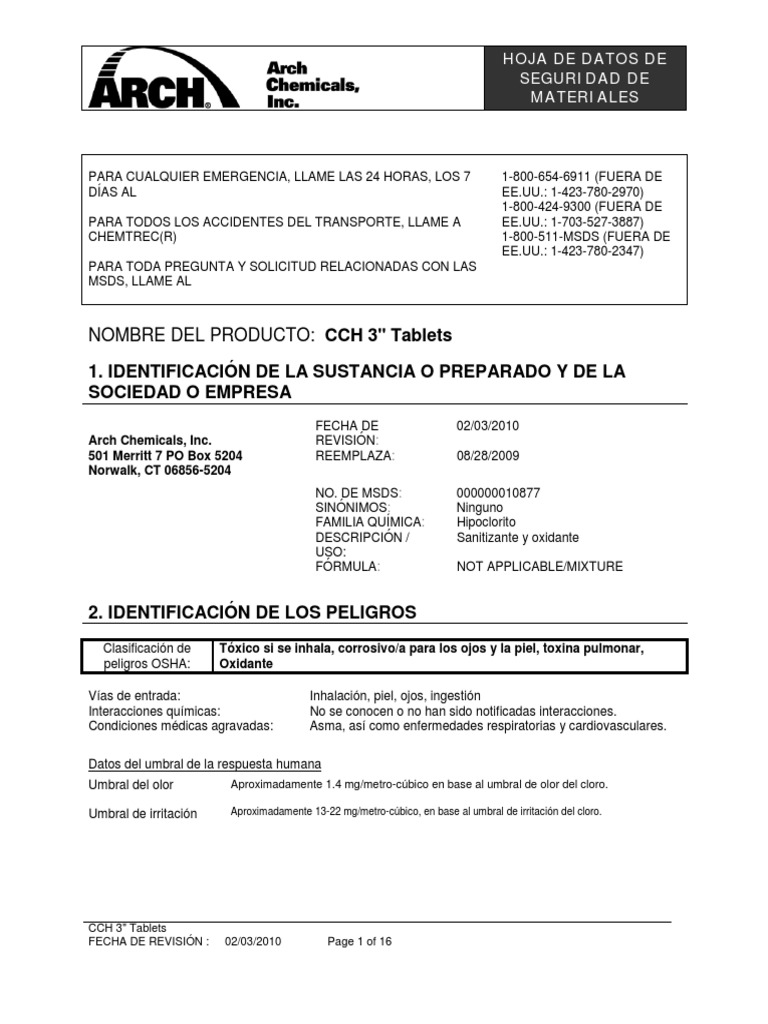 Hoja de Seguridad CCH 3" Tablets | PDF | Quemar | Agua