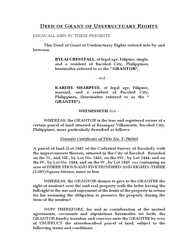 Sample Deed of Usufruct Over A Real Property | PDF | Deed | Land Lot