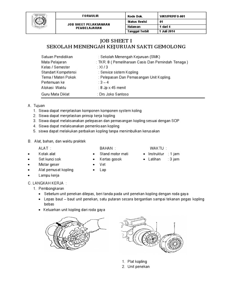 Job Sheet Pemeliharaan Kopling Mobil | PDF