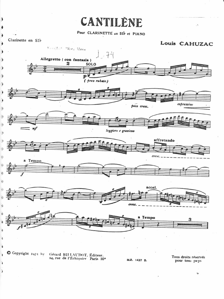 Louis Cahuzac - Cantilène Pour Clarinette en Sib Et Piano PDF | PDF